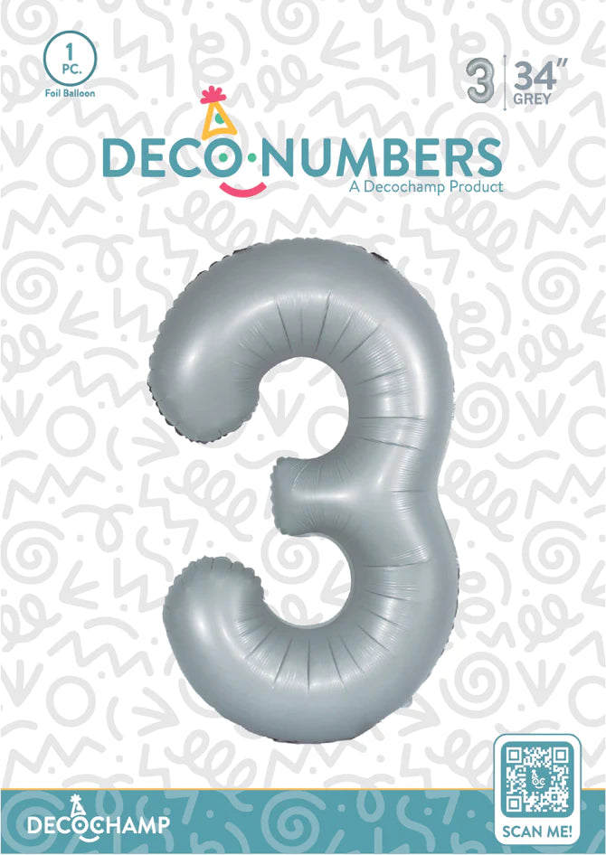 Number 3 Grey Foil Balloon 34" (Single Pack) DECONUMBER – City Balloons